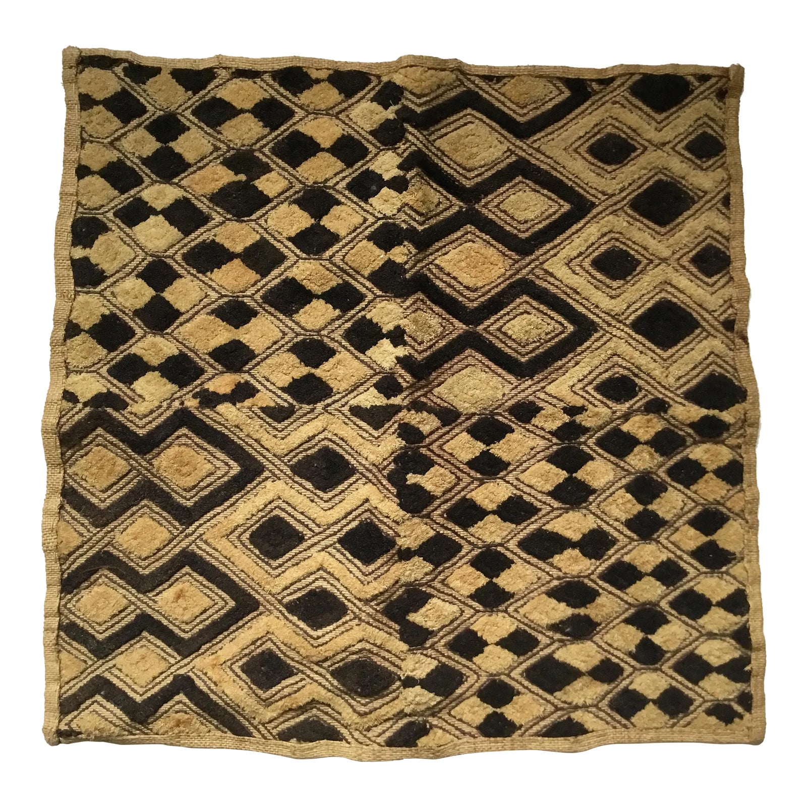 Late 20th Century Kuba Shoowa Raffia Cut-Pile Embroidered Square Cloth ...