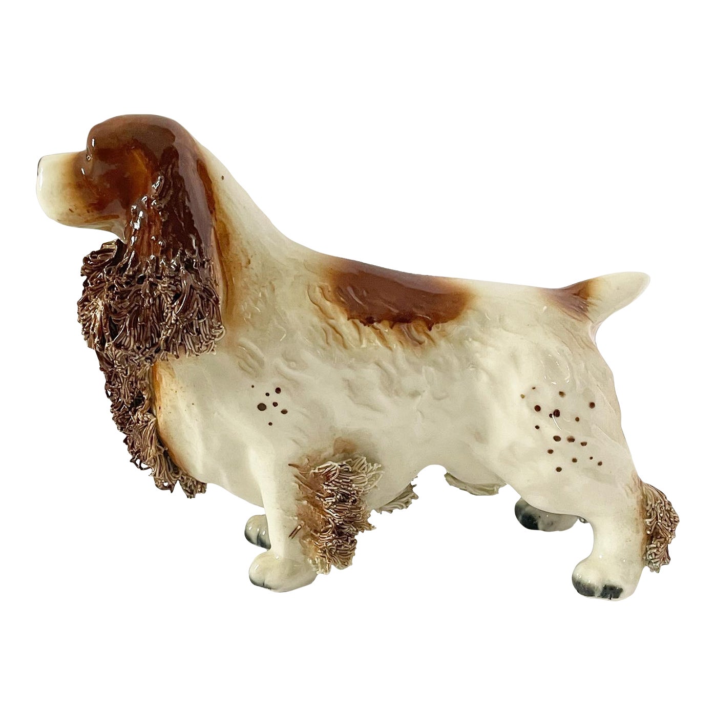 Vintage Brown and White Porcelain Spaghetti Spaniel | Chairish