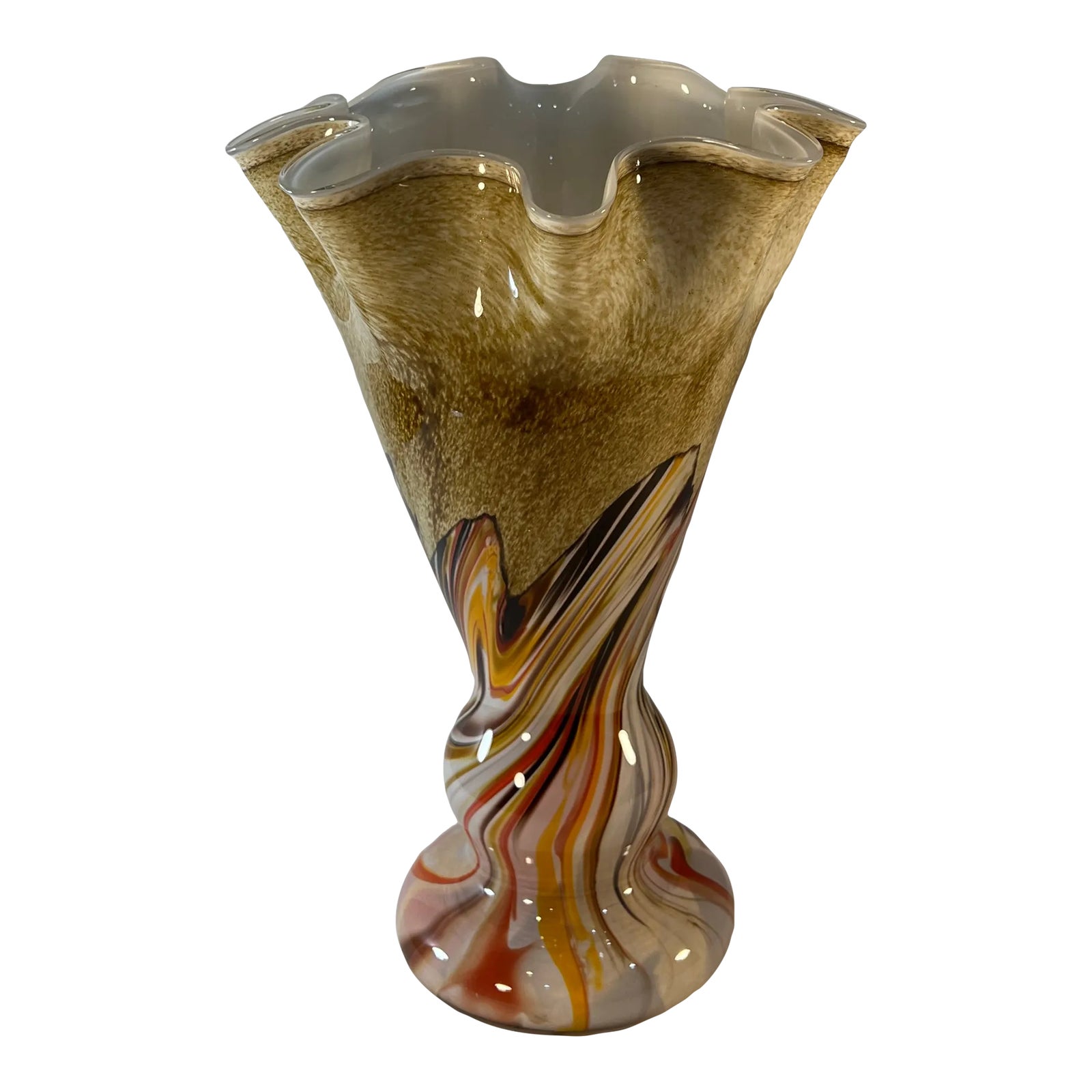 Murano Style Art Glass Trumpet Vase With Multicolor Swirl | Chairish
