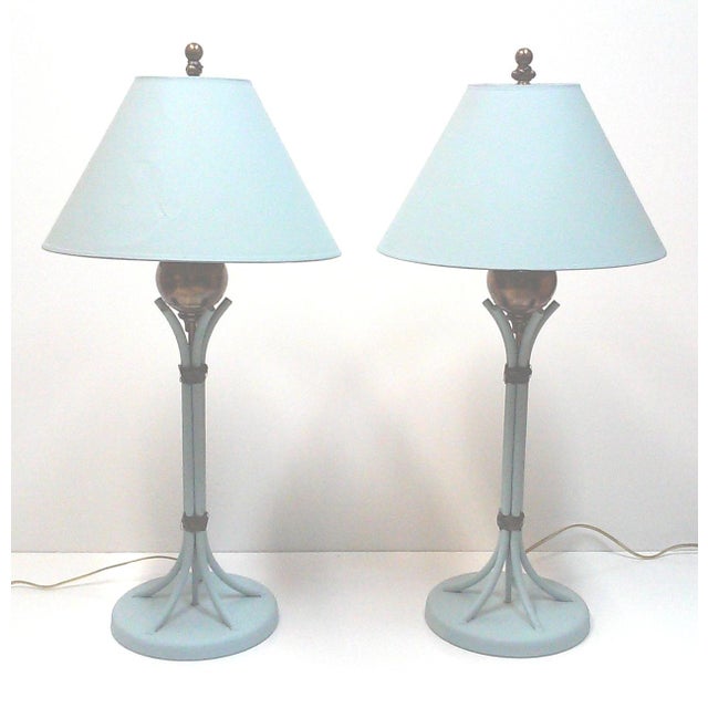Vintage Light Blue Iron and Brass Table Lamps - a Pair | Chairish