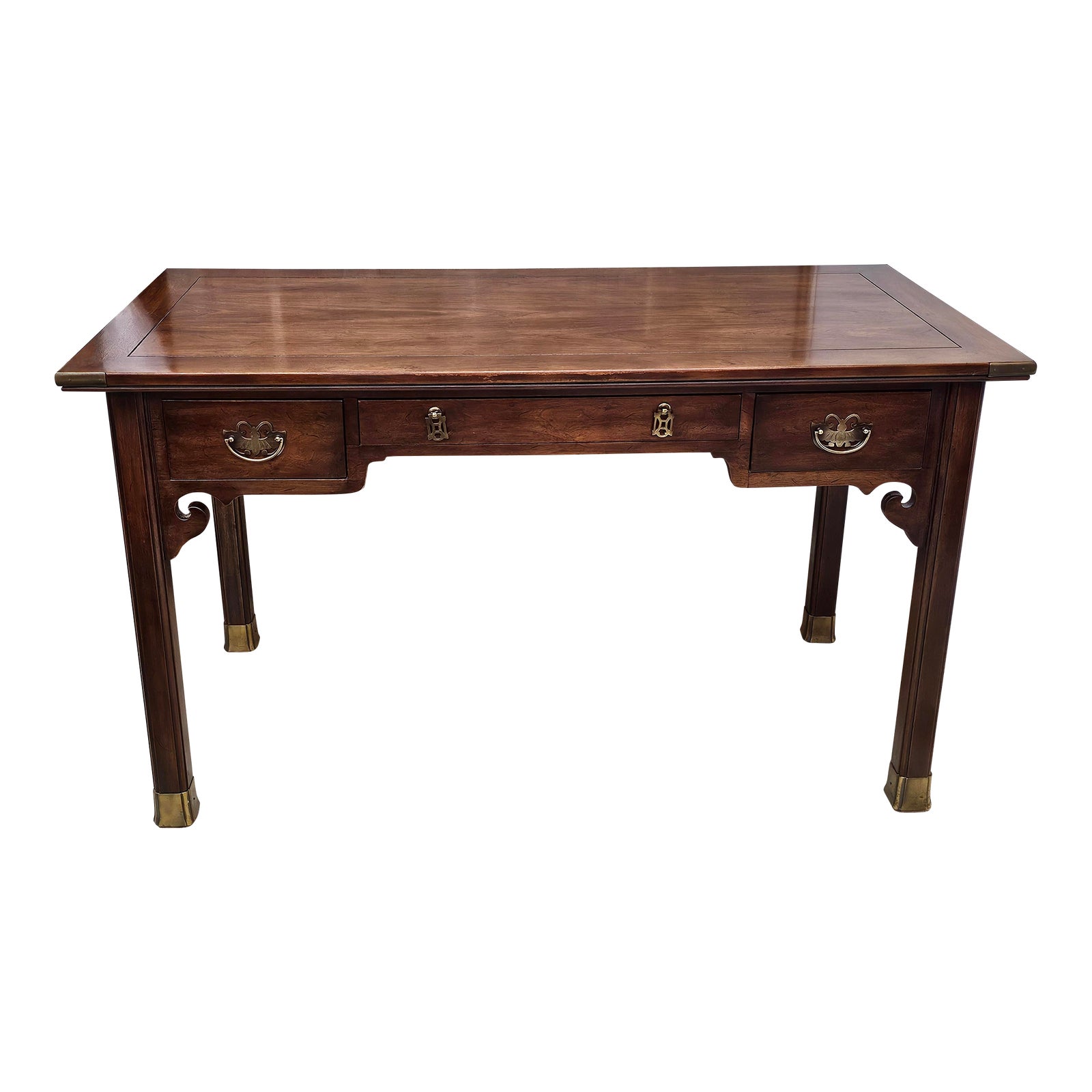 Henredon Walnut and Brass Fittings Writing Table Desk | Chairish