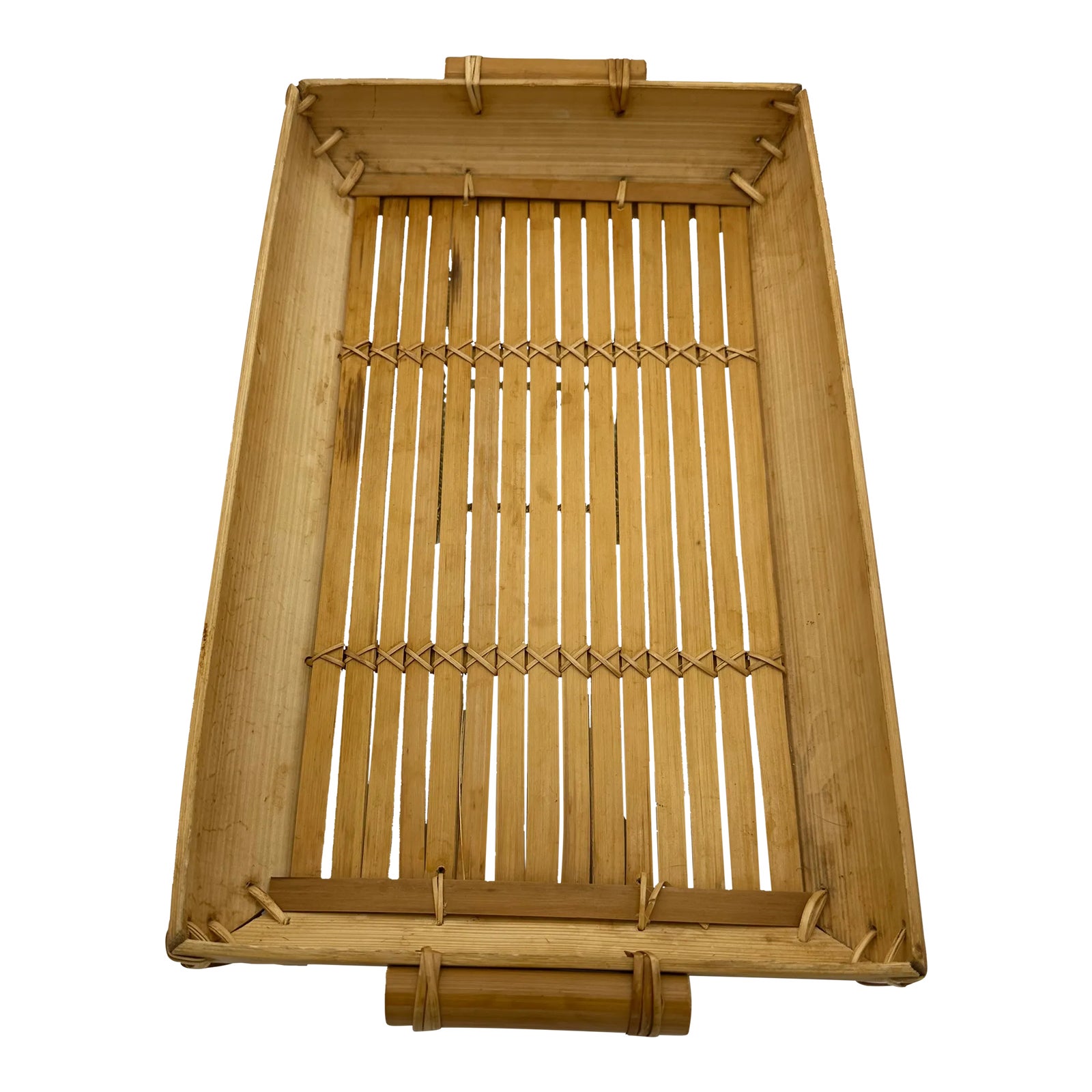 Mid 20th Century Light Bamboo Slat Lap Serving Tray With Cane Handle ...