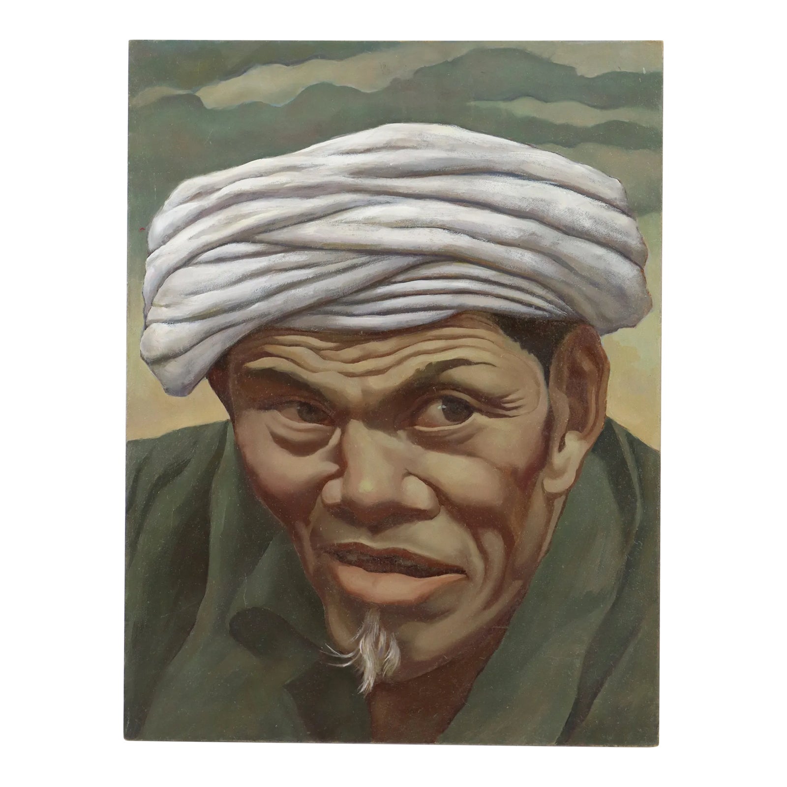 Vintage Realist Oil Painting Portrait of Man in Turban With Furrowed ...