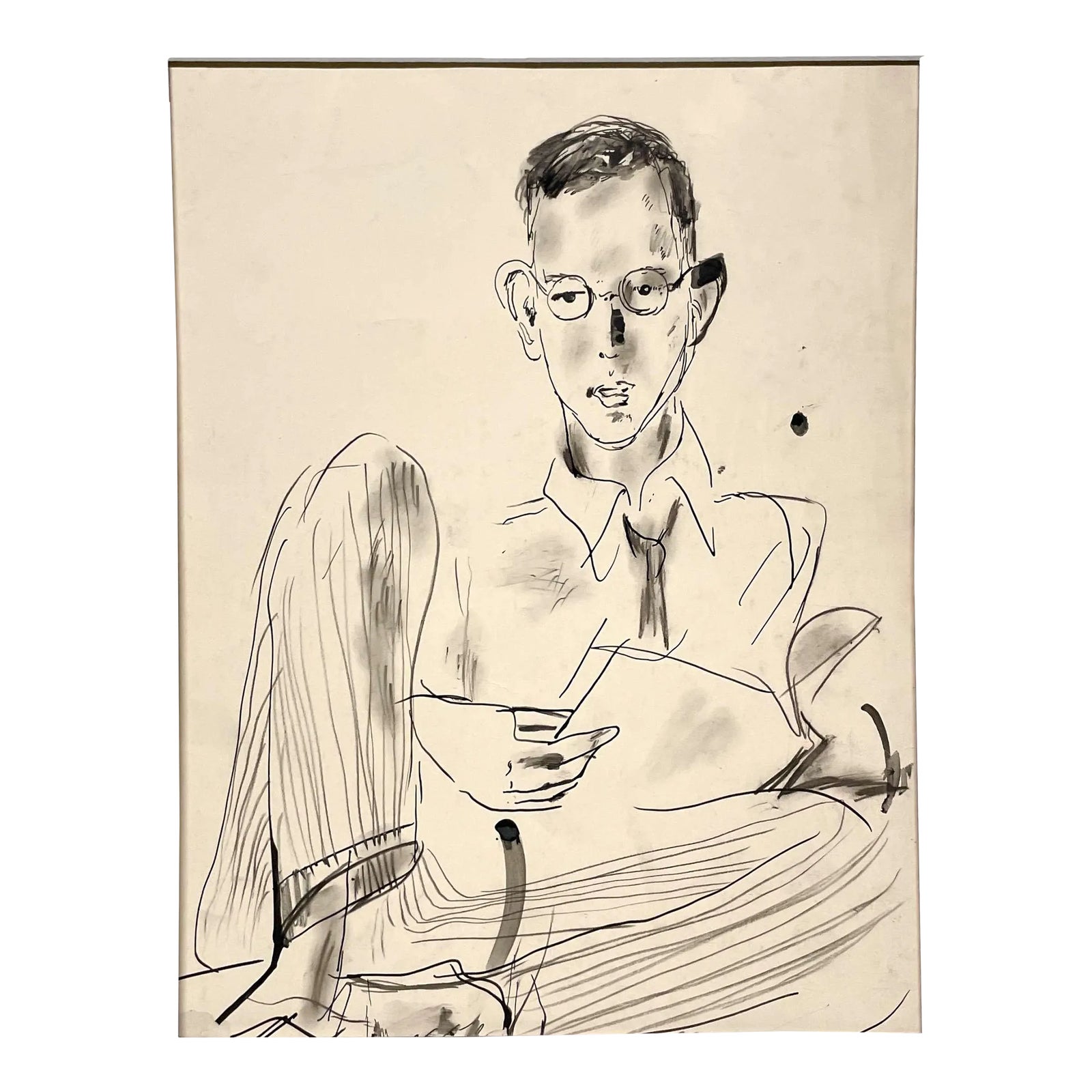 1930s Inks & Charcoal Drawing of a Man Reading | Chairish