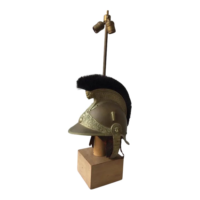 1840s French Fireman’s Helmet Lamp on Base | Chairish