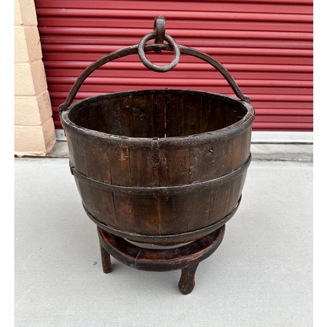Antique 19th Century Chinese Rice Bucket with Handle & Stand | Chairish