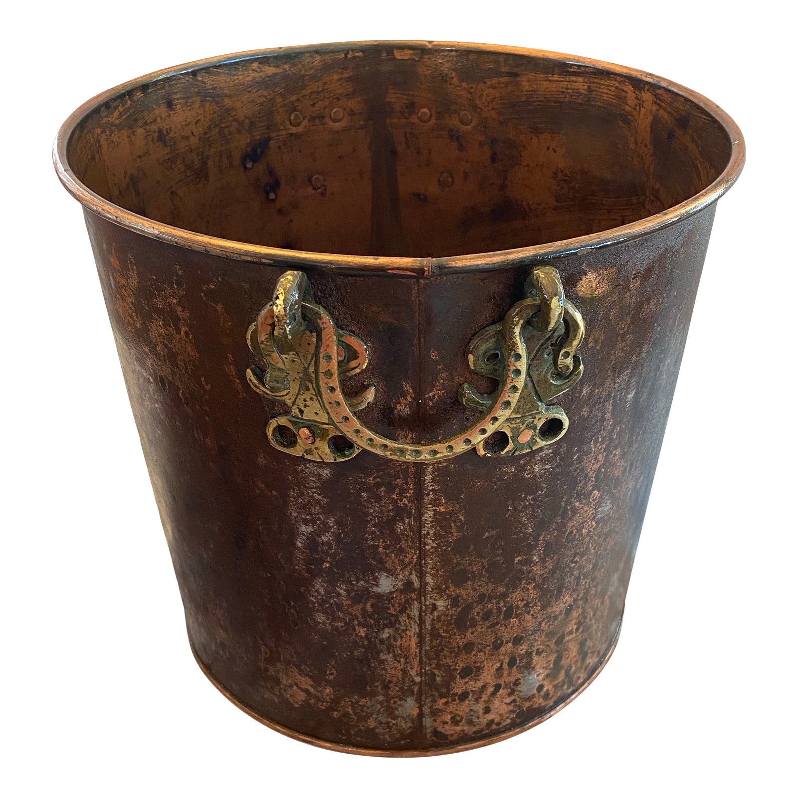 Large Antique Hand Hammered Copper Fire Wood Bucket With Brass Details ...