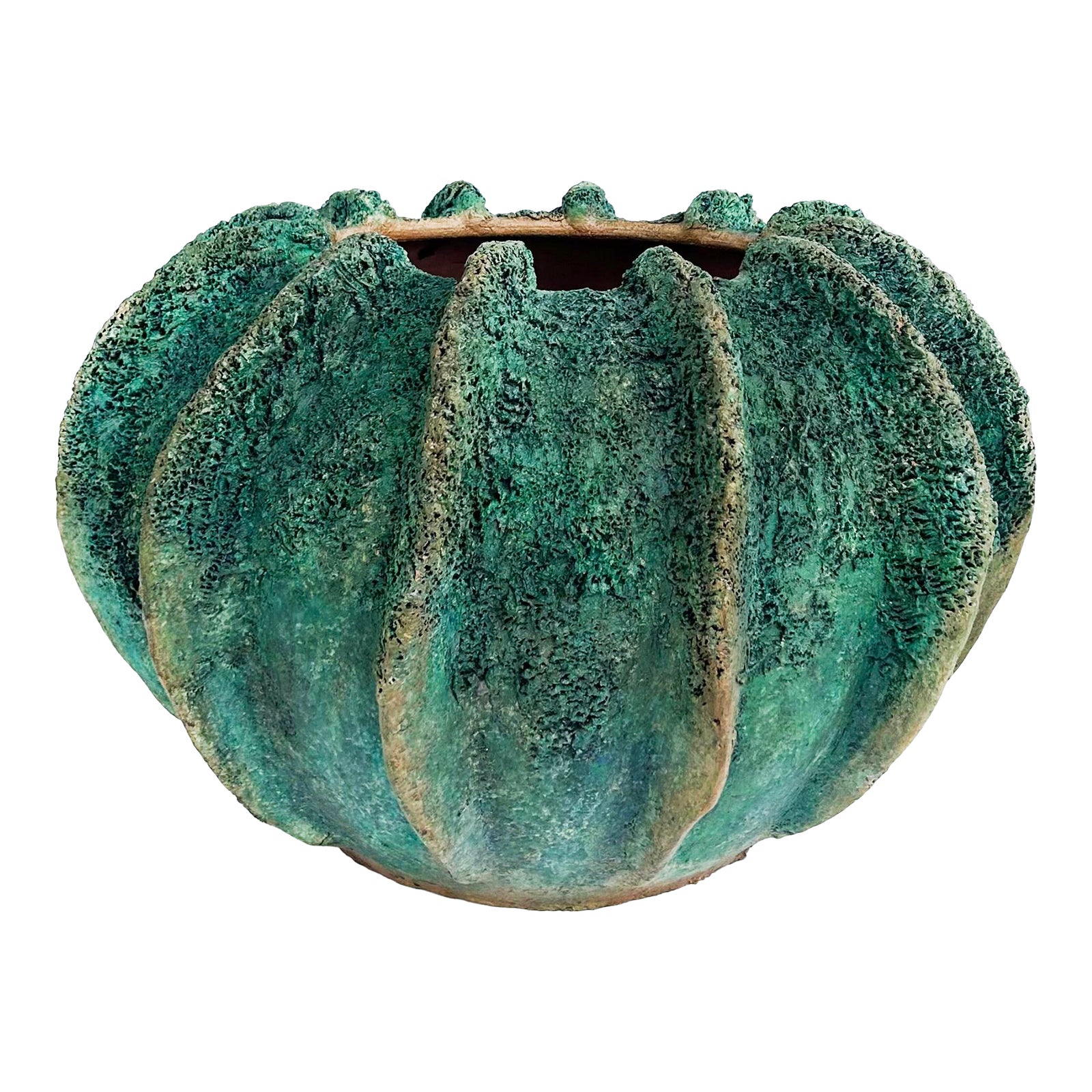 Large Balinese Teal Fluted Terracotta Planter | Chairish