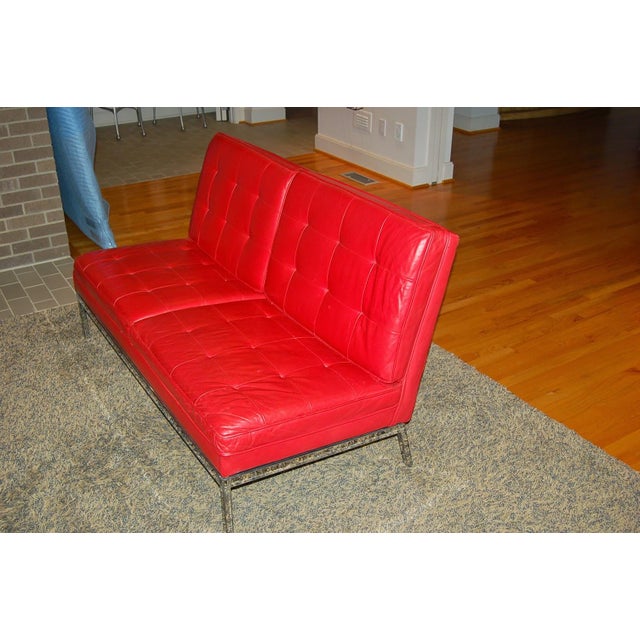 Knoll Tufted Leather Slipper Sofa With Label in Lipstick Red | Chairish
