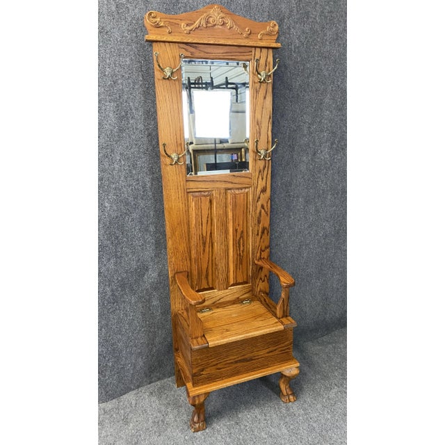 Early 20th Century Solid Oak Hall Tree | Chairish
