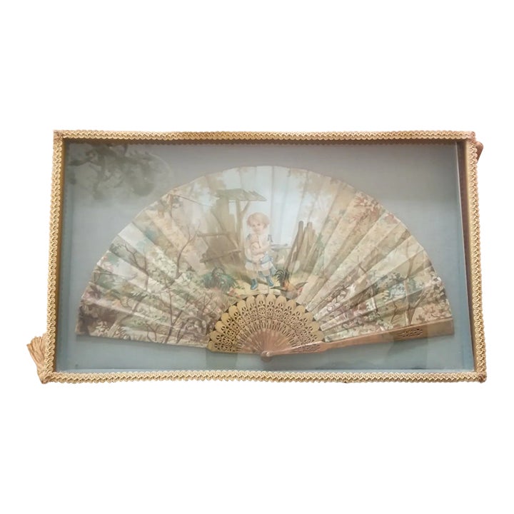 Early 1900s Victorian Hand Fan in Glass Frame | Chairish