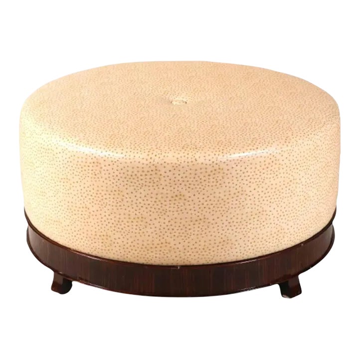 Round Ostrich Ottoman, Center Tuft & Zebrawood Feet | Chairish