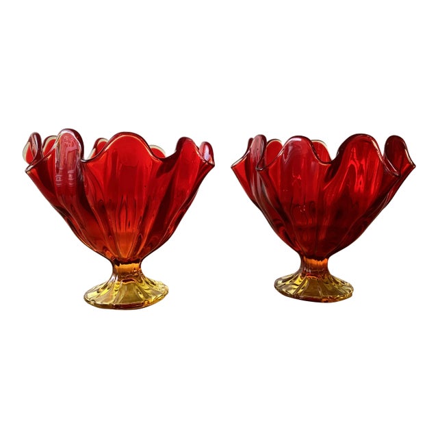Mid Century Modern Pair of Red Amberina Glass Centerpiece Compote Bowl ...