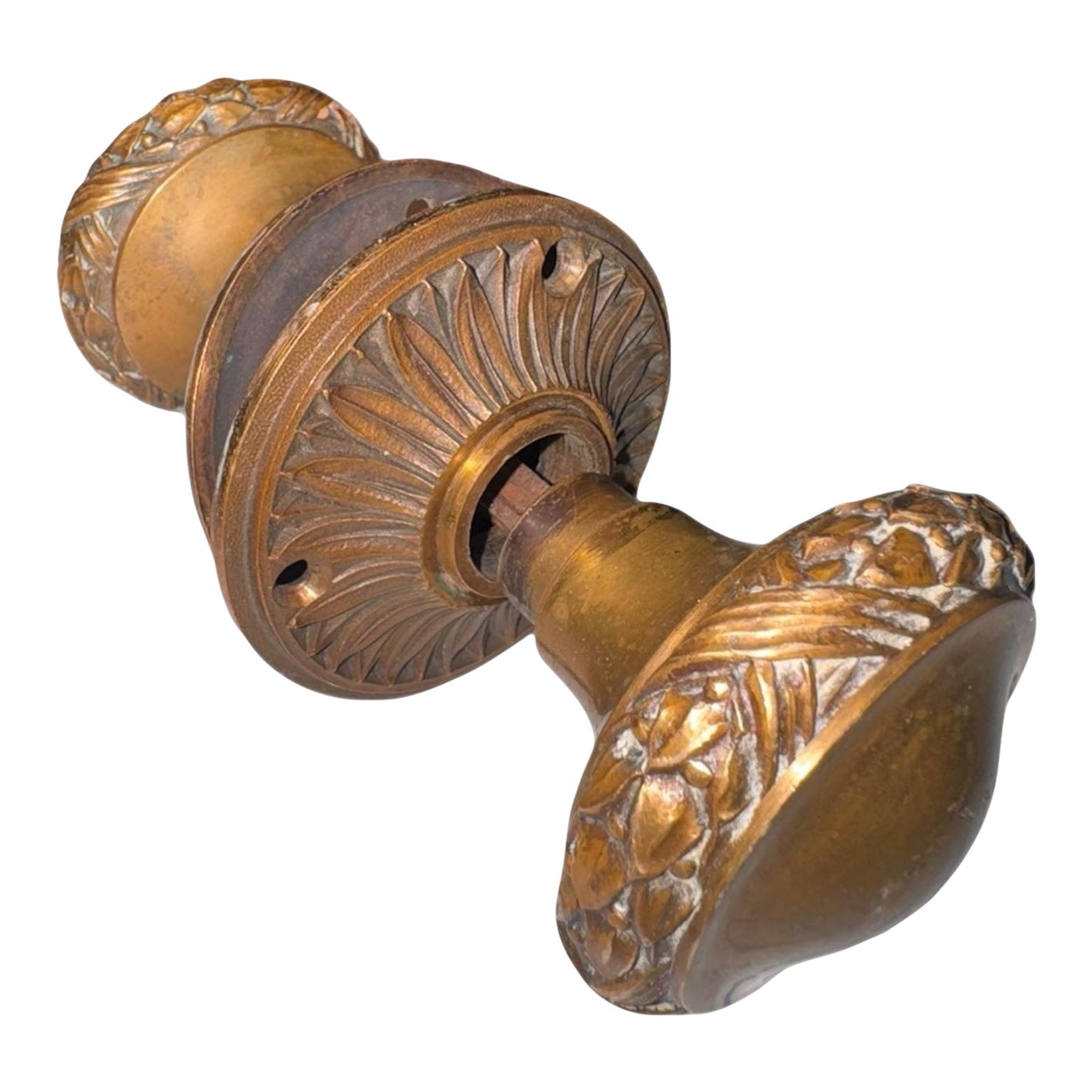 Set of 2 Antique Victorian Solid Brass Door Knobs With Connecting Spindle Hardware, 1890’s ...