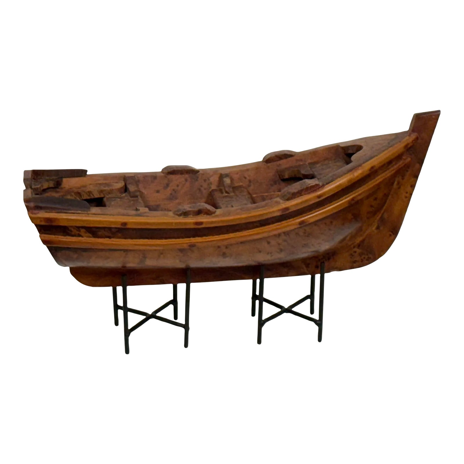 Vintage Mahogany Burl Hand Carved Wood Boat Model | Chairish