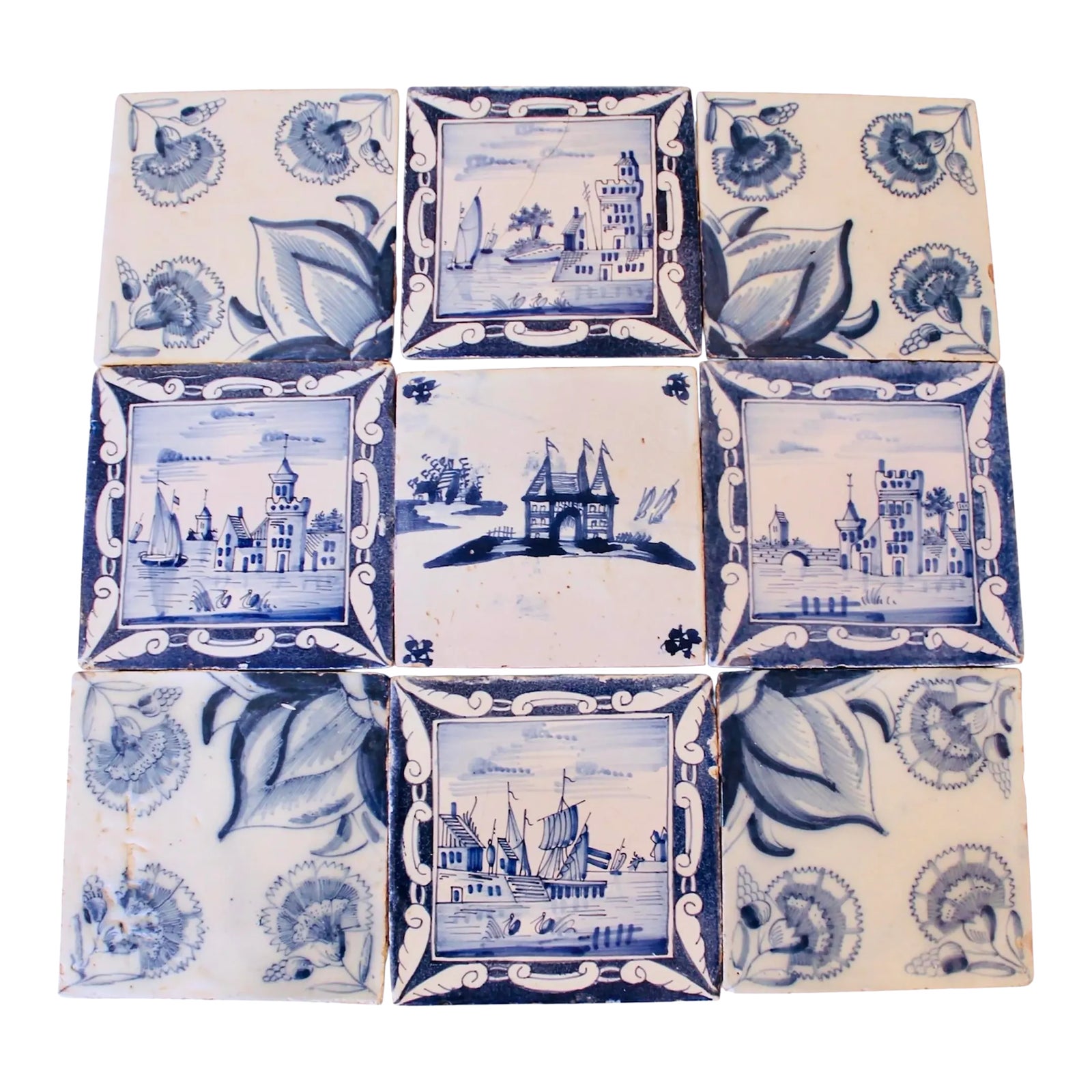 Antique Delftware Tile Collection: Nine Tiles | Chairish