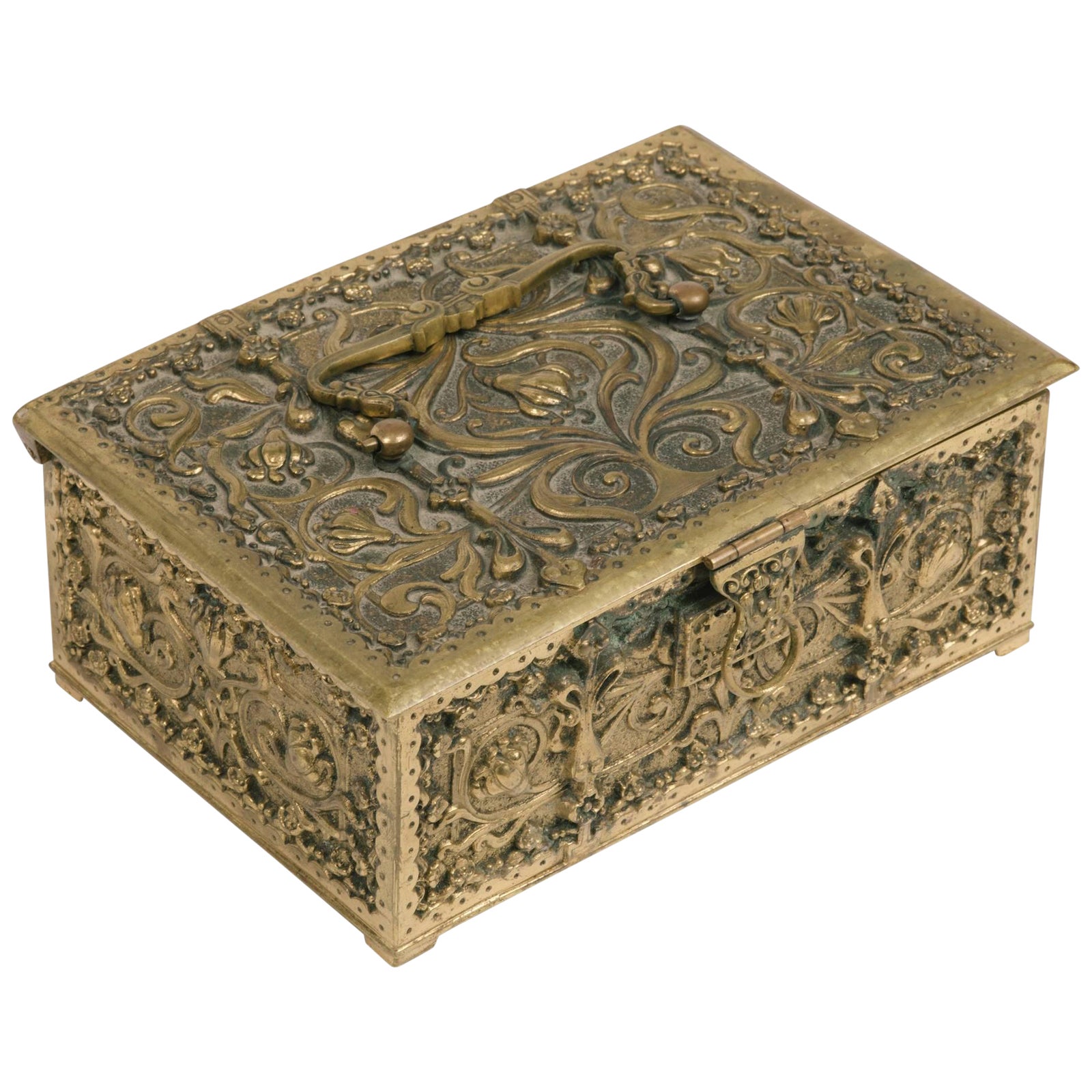 1880s English Brass Gothic Box With Handle | Chairish