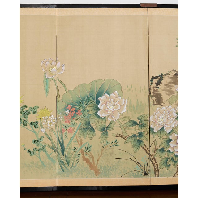 Asian Four Panel Byobu Screen Hundred Flowers Bloom | Chairish