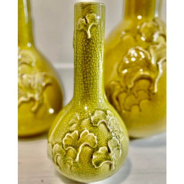 Chartreuse Raku Lotus Leaf Vases, Set of Three | Chairish