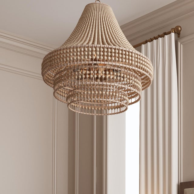 Silas 6 Light Tan Jute & Wood Bead Chandelier | Chairish
