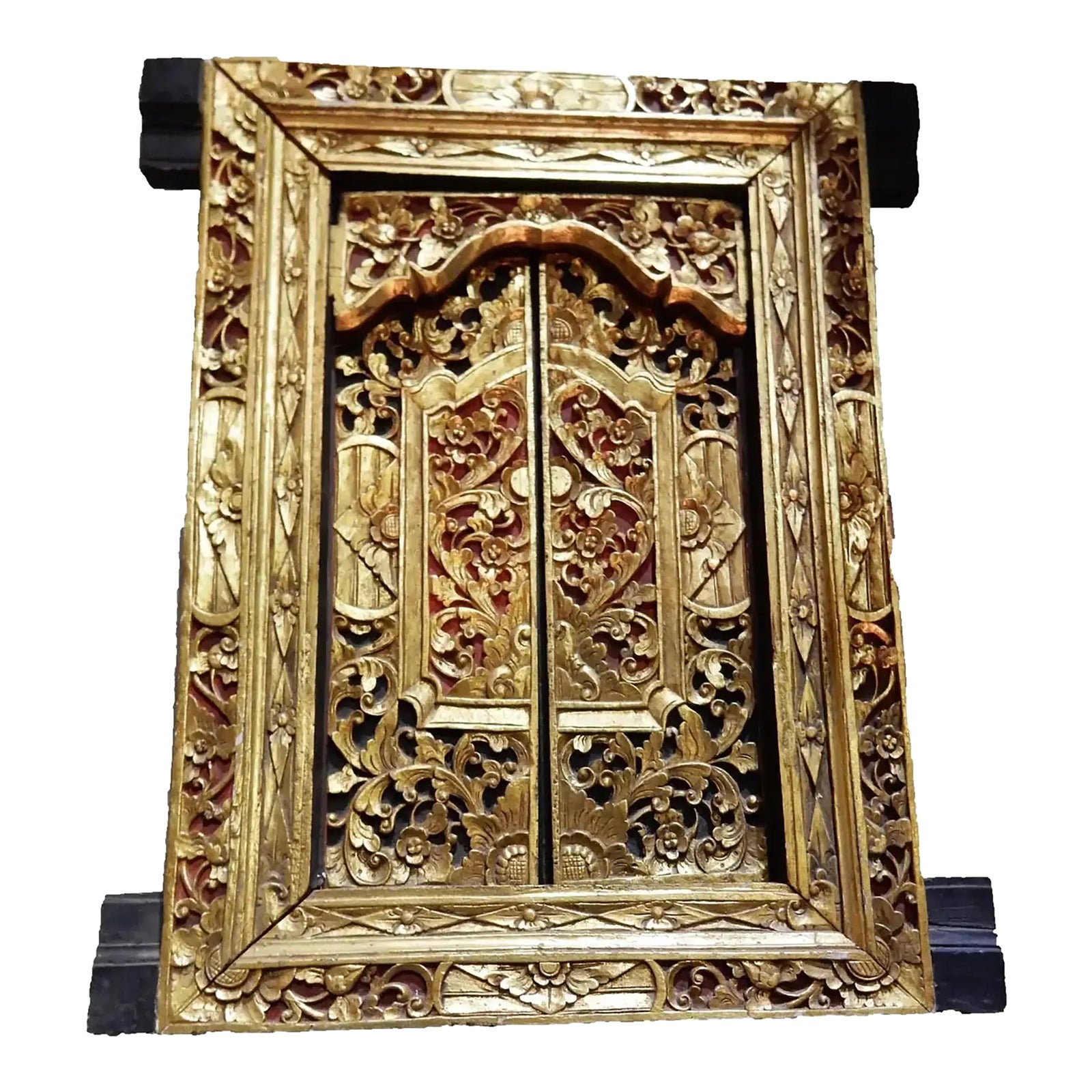 Old Large Hand Carved Gilt Wood Wall Hanging Window/Shrine 35.5" H ...