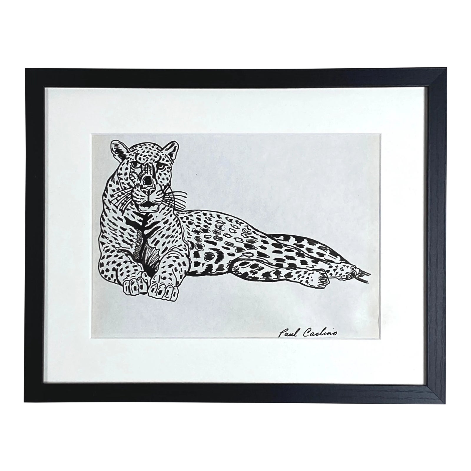 1962 "Reclining Leopard" Pen Drawing by Paul Carlino, Framed | Chairish