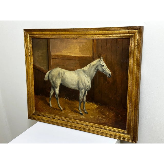 British Oil Painting of a Victorian White Horse in Stable by Godfrey ...