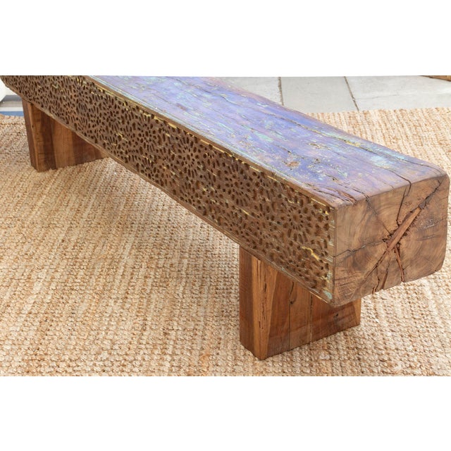 Long Imposing Antique Beam Carved Bench | Chairish