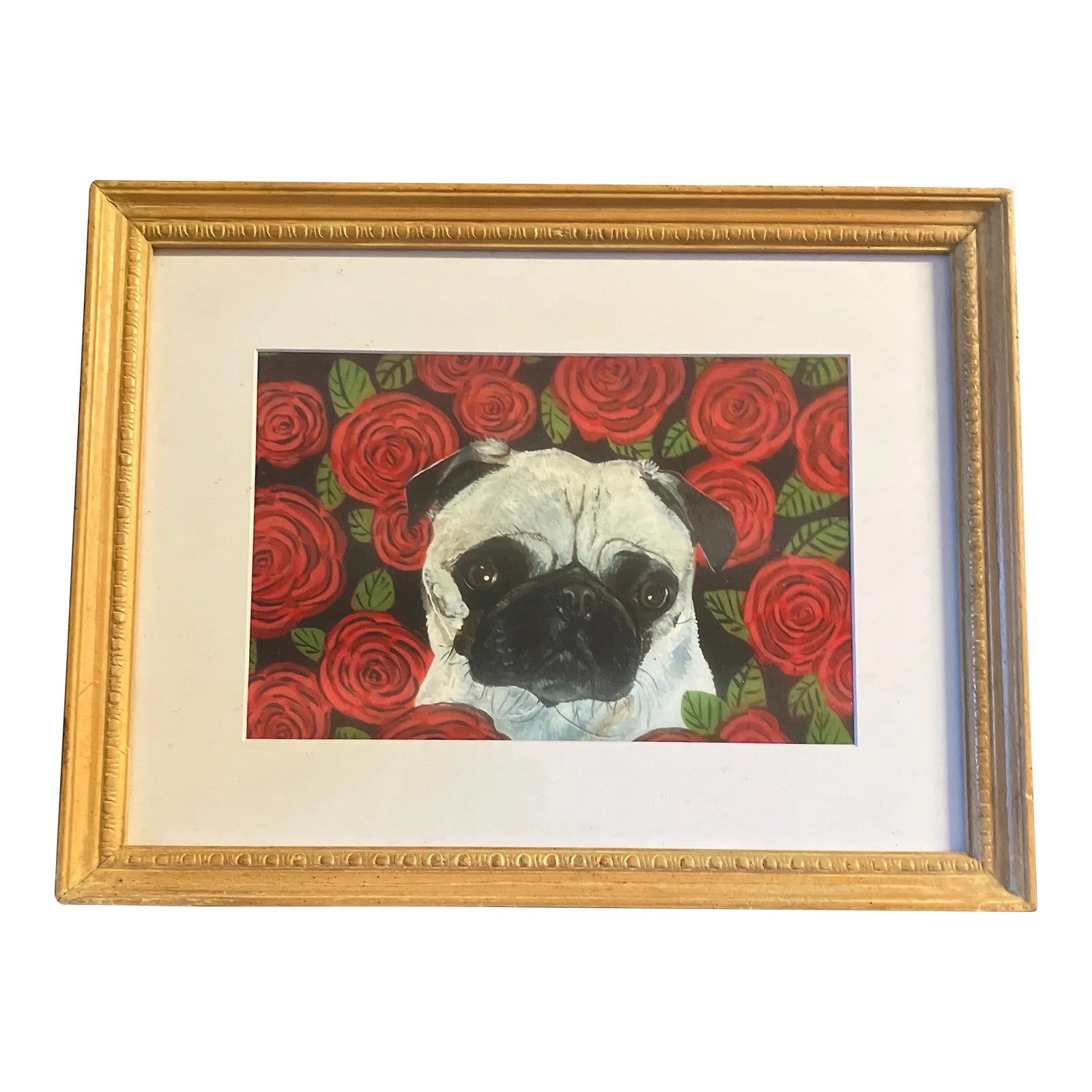 Contemporary Original Judy Henn Pug With Red Roses Dog Print Framed ...