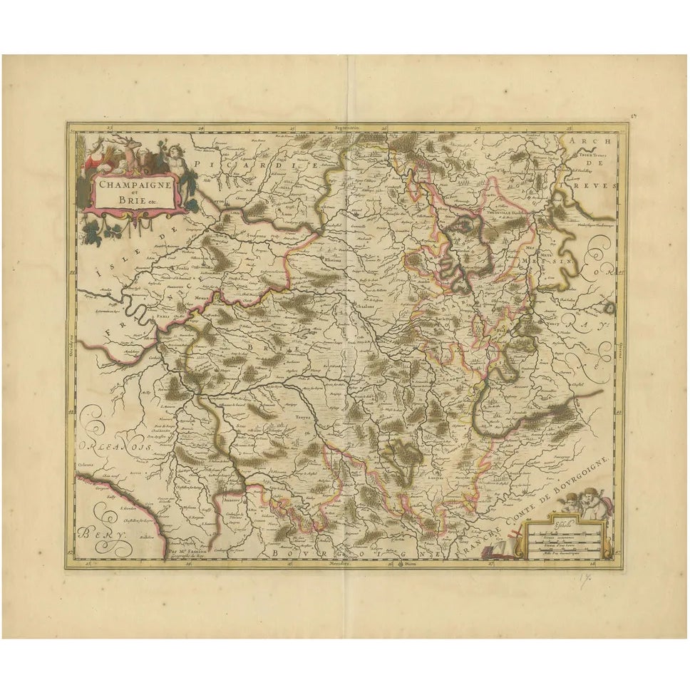 Hand-Colored Map of Champagne and Brie by Frederik De Wit, 1688 | Chairish