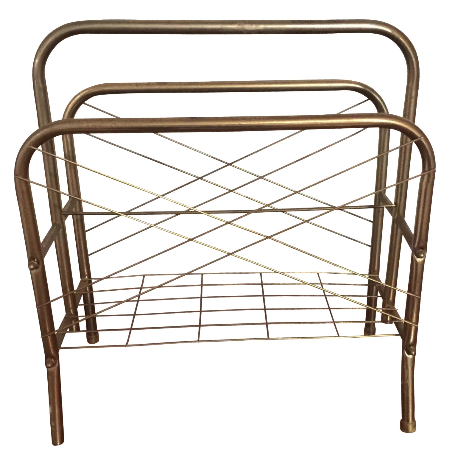 Mid Century Style Gilded Metal Round Magazine Rack | Chairish