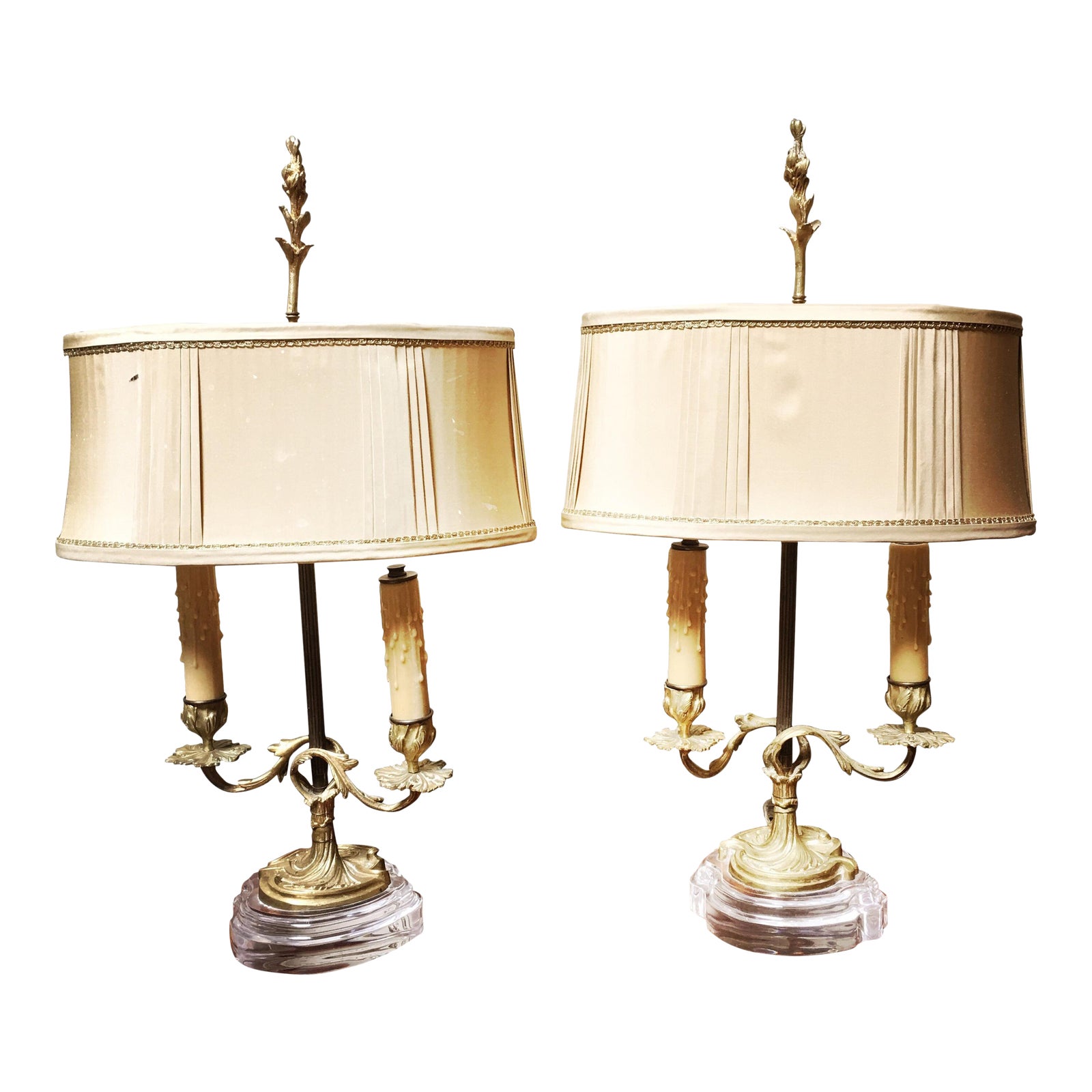 French Bronze Candlestick Lamp Bases with Acrylic Bases - a Pair | Chairish