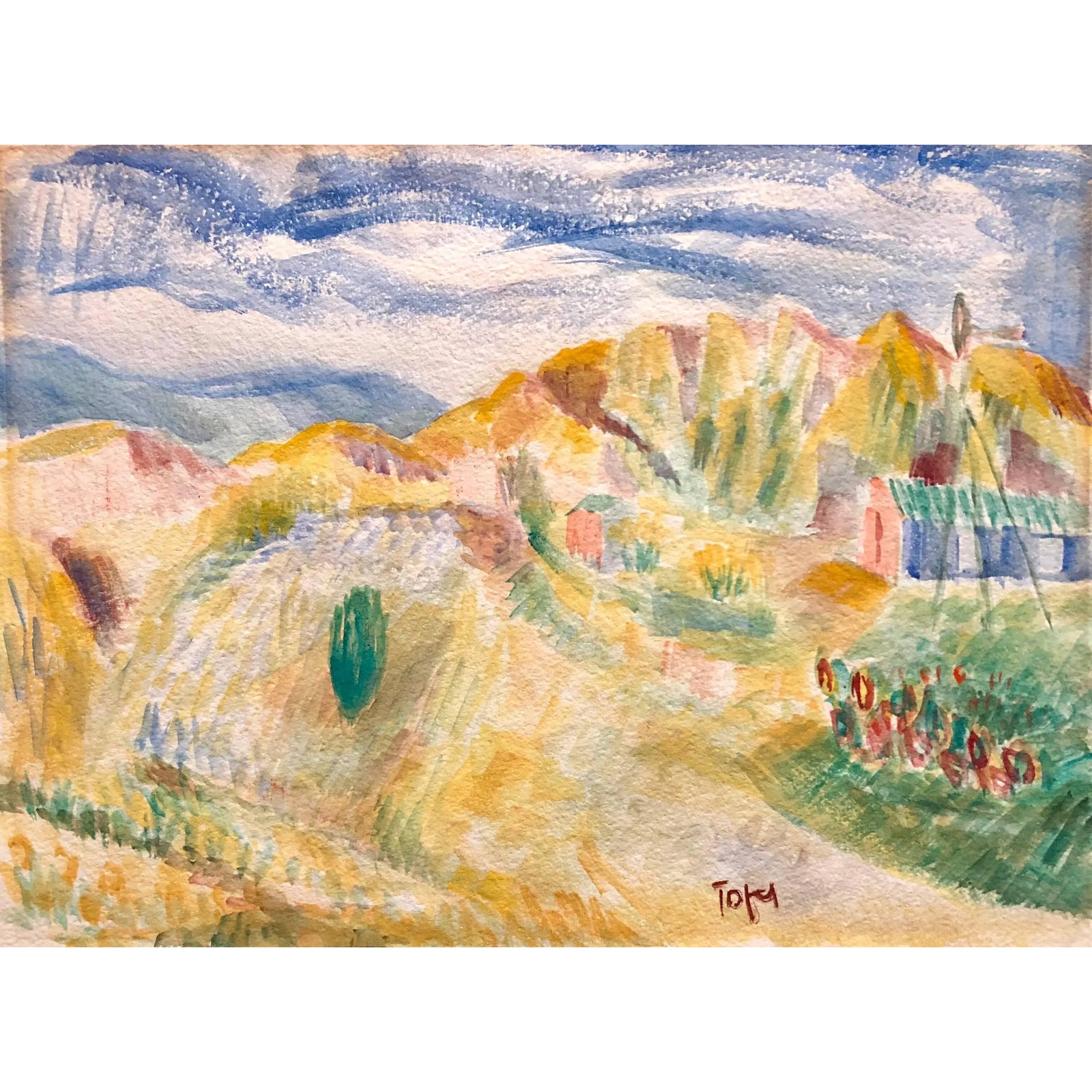 Jennings Tofel, Expressionist Watercolor Landscape Painting Jewish ...