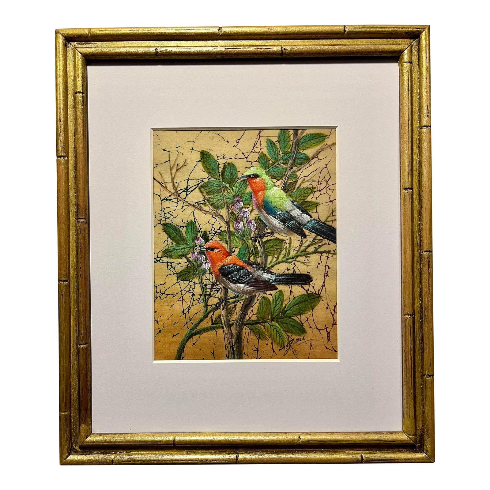 Vintage Gris Bird Oil Painting on Fabric Signed and Framed | Chairish