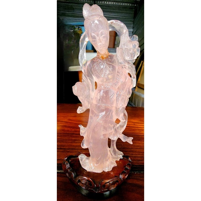 Antique Chinese Carved Rose Quartz Figure of Standing Quan Yin Holding ...
