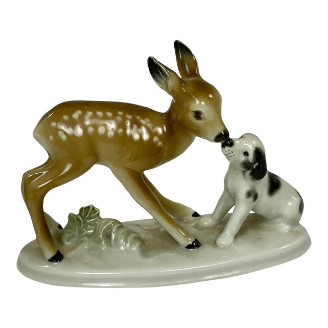 1950s German Deer & Dog Figurine, Crown Mark | Chairish