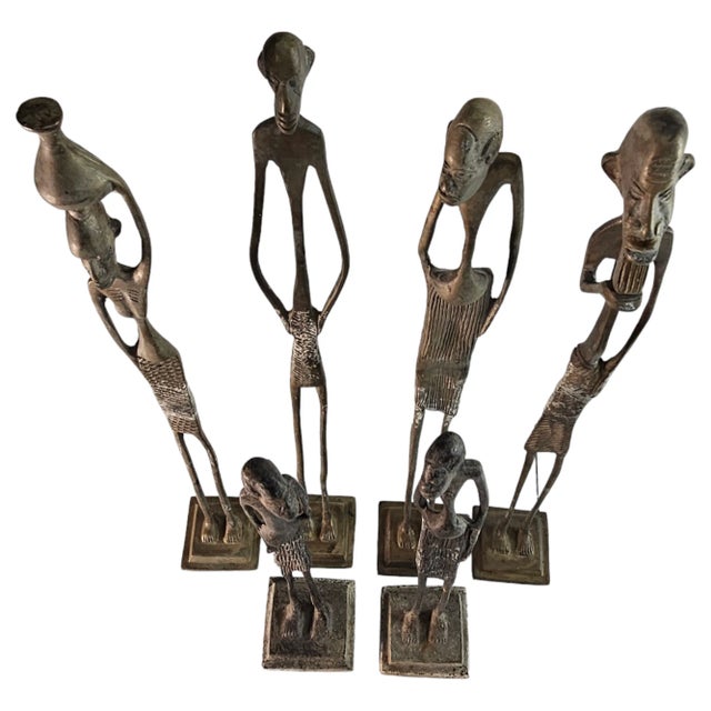 Elongated African Tribal Brass Bronze Statues Set of 6 | Chairish