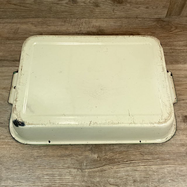 Vintage Enamelware Rectangle Baking Pan Tan With Green Rim | Chairish