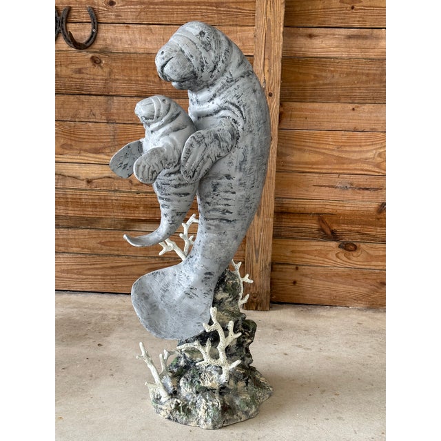 1970’s Coastal Cast Aluminum Life Sized Sculptural Manatee Faux Coral ...