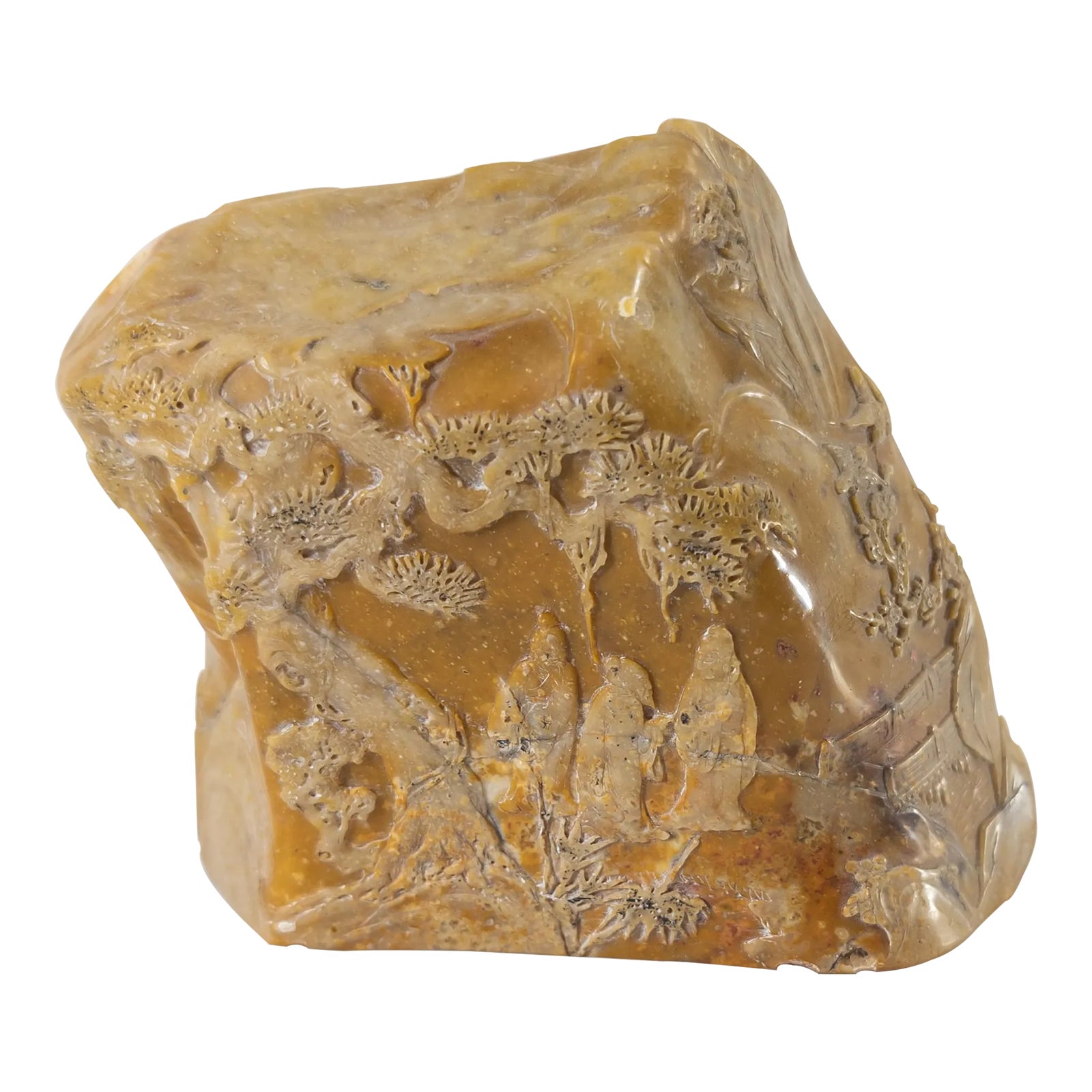 20th Century Chinese Carved Yellow Soapstone Boulder With Landscape ...