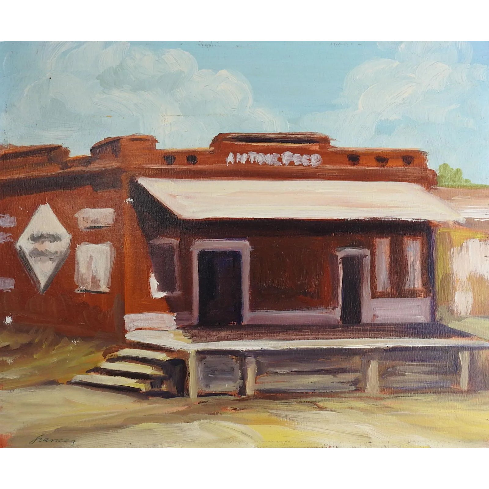 Late 20th Century Old Feed Store Building Painting | Chairish