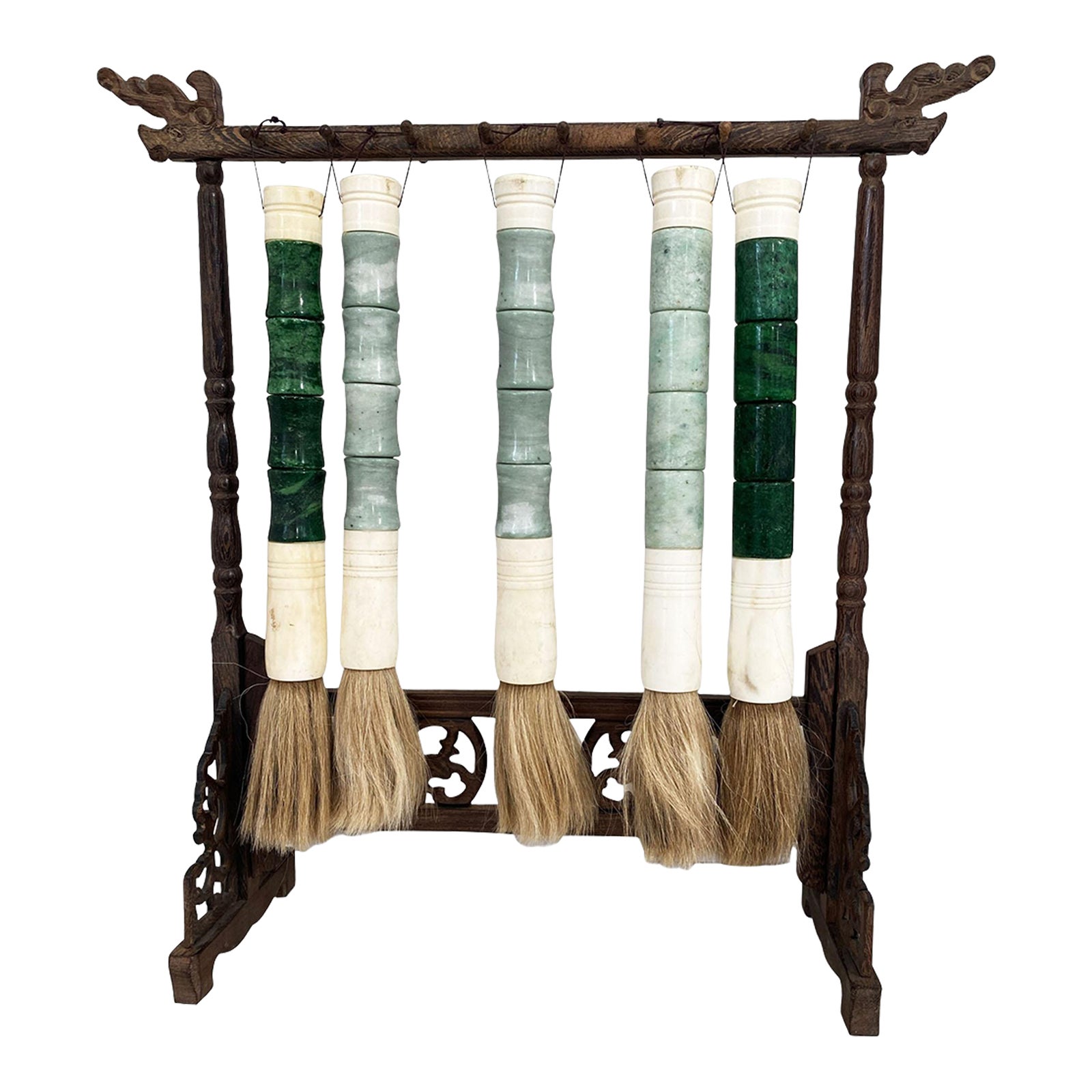 Chinoiserie Chicken Wood Stand With Five Calligraphy Brushes 19" H ...