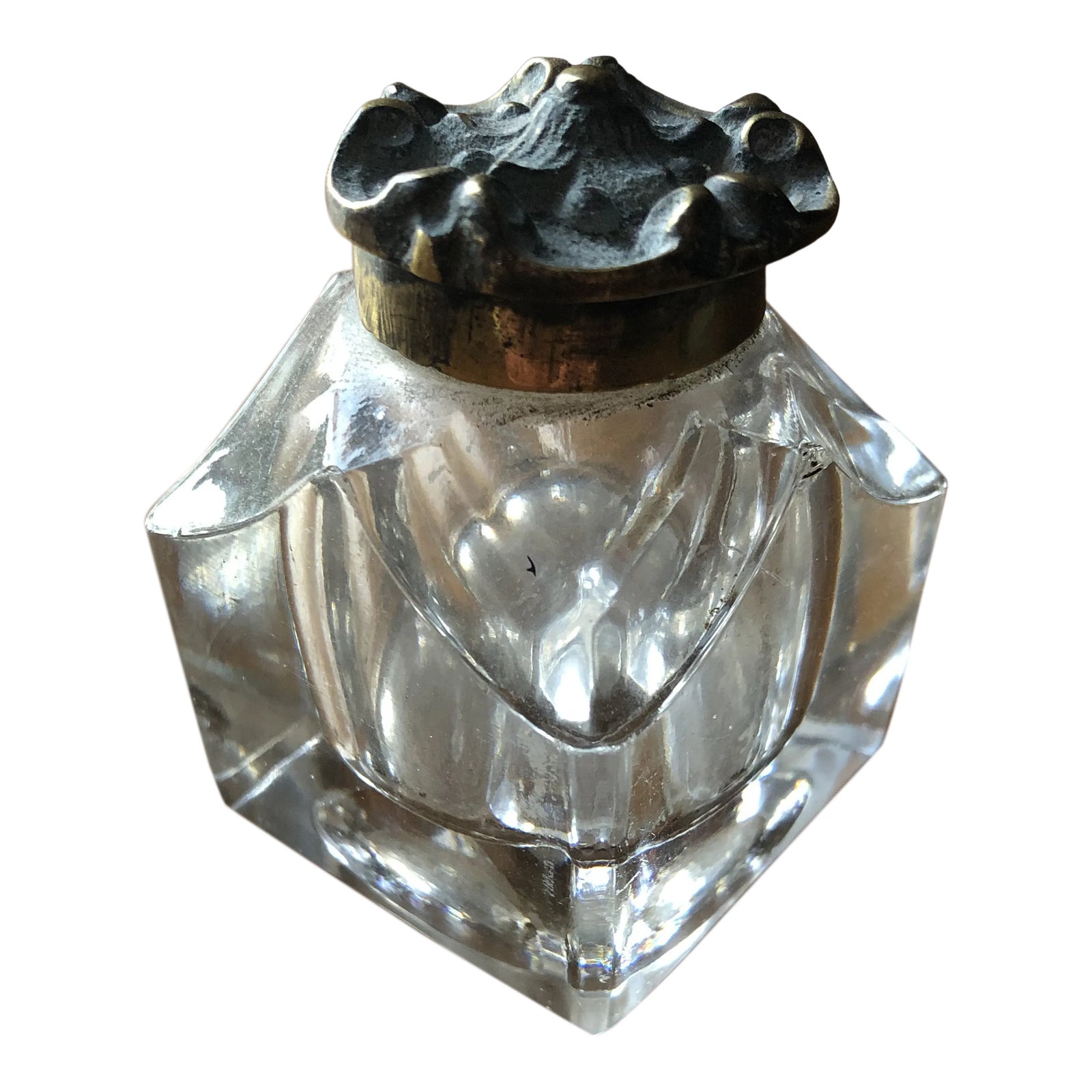 Mid 19th Century English Chased Lid Crystal Inkwell | Chairish