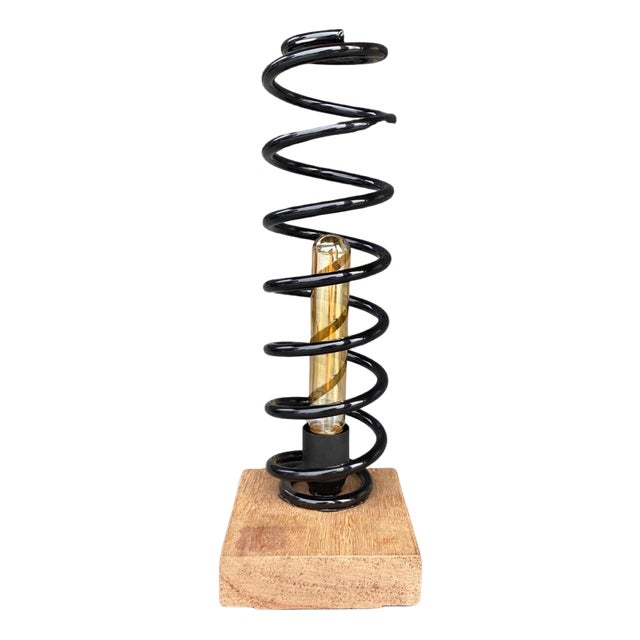 Vintage Spring Lamp in Black Metal with Wooden Base, 2000s | Chairish