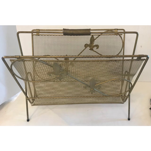Vintage Gold Metal Magazine Rack With FleurdeLis Design | Chairish