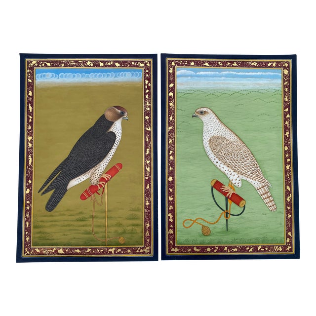 Vintage Original Hand Painted Indian Mughal Miniature Hawk and Falcon ...