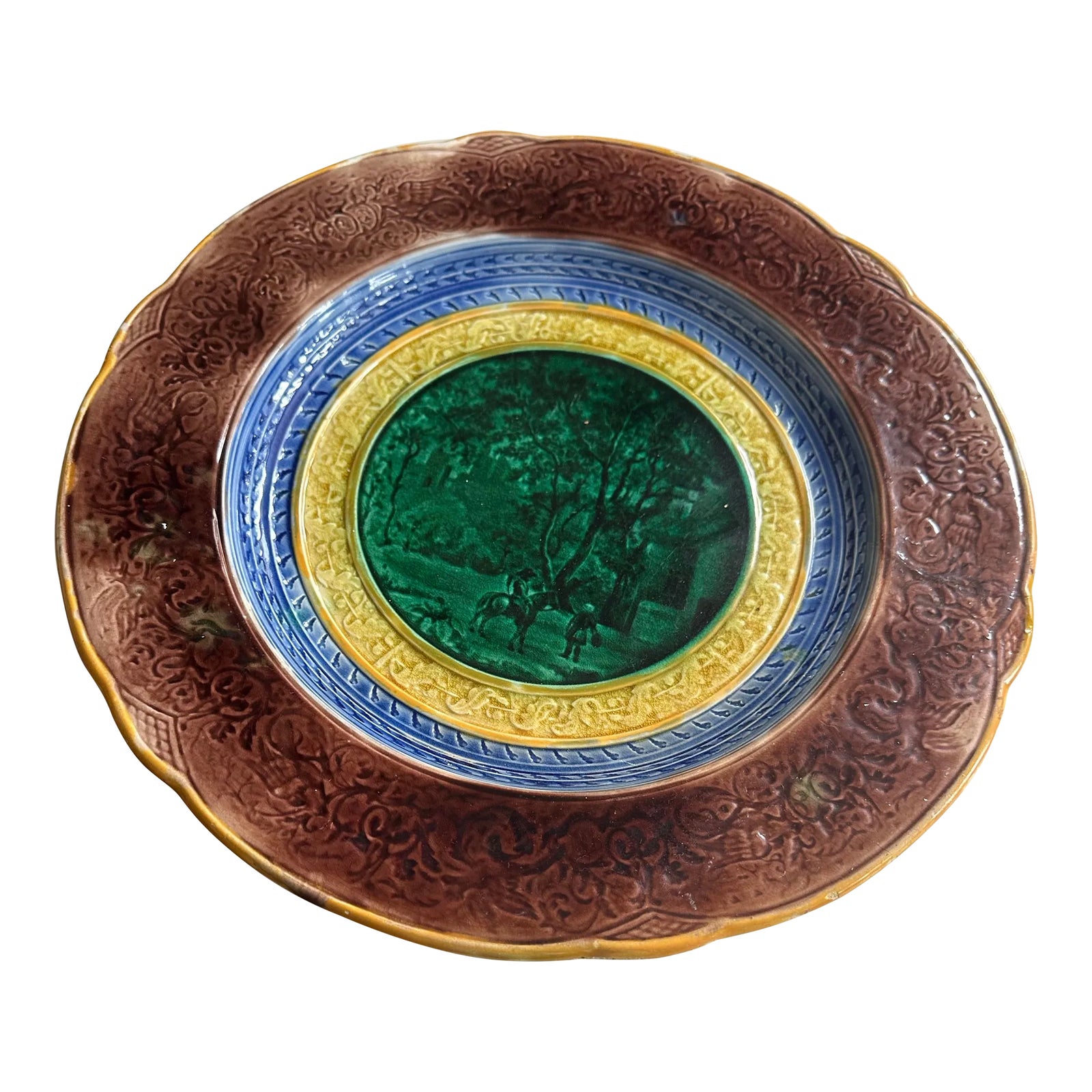 Antique Victorian Wedgwood Green and Brown Majolica Plate | Chairish