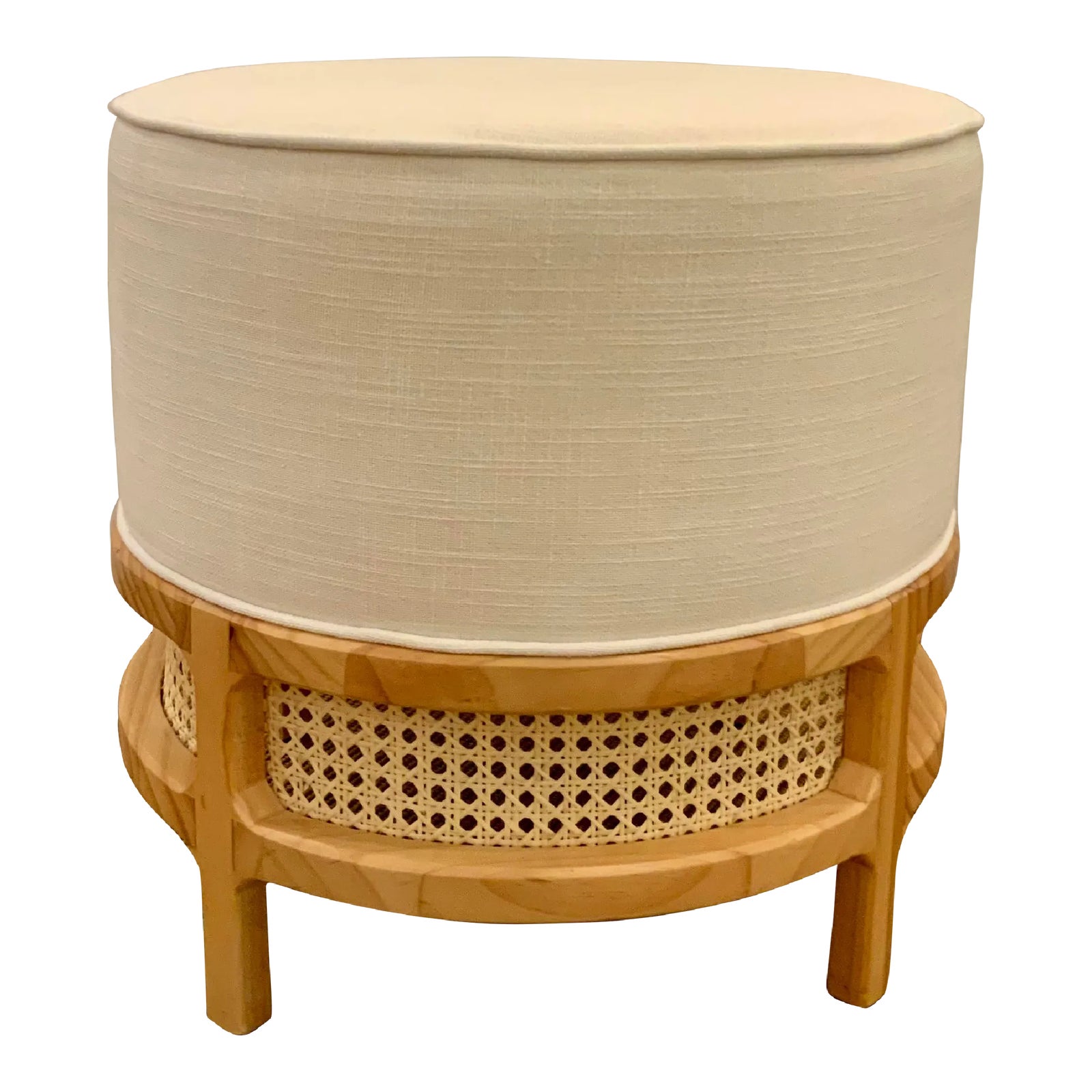 Worlds Away Organic Modern White Linen and Cane Stool | Chairish