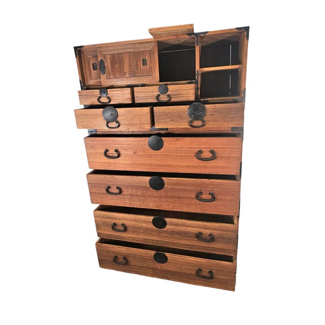 Japanese 3- Part Tansu Chests Keyaki Sliding Panel Drawers | Chairish