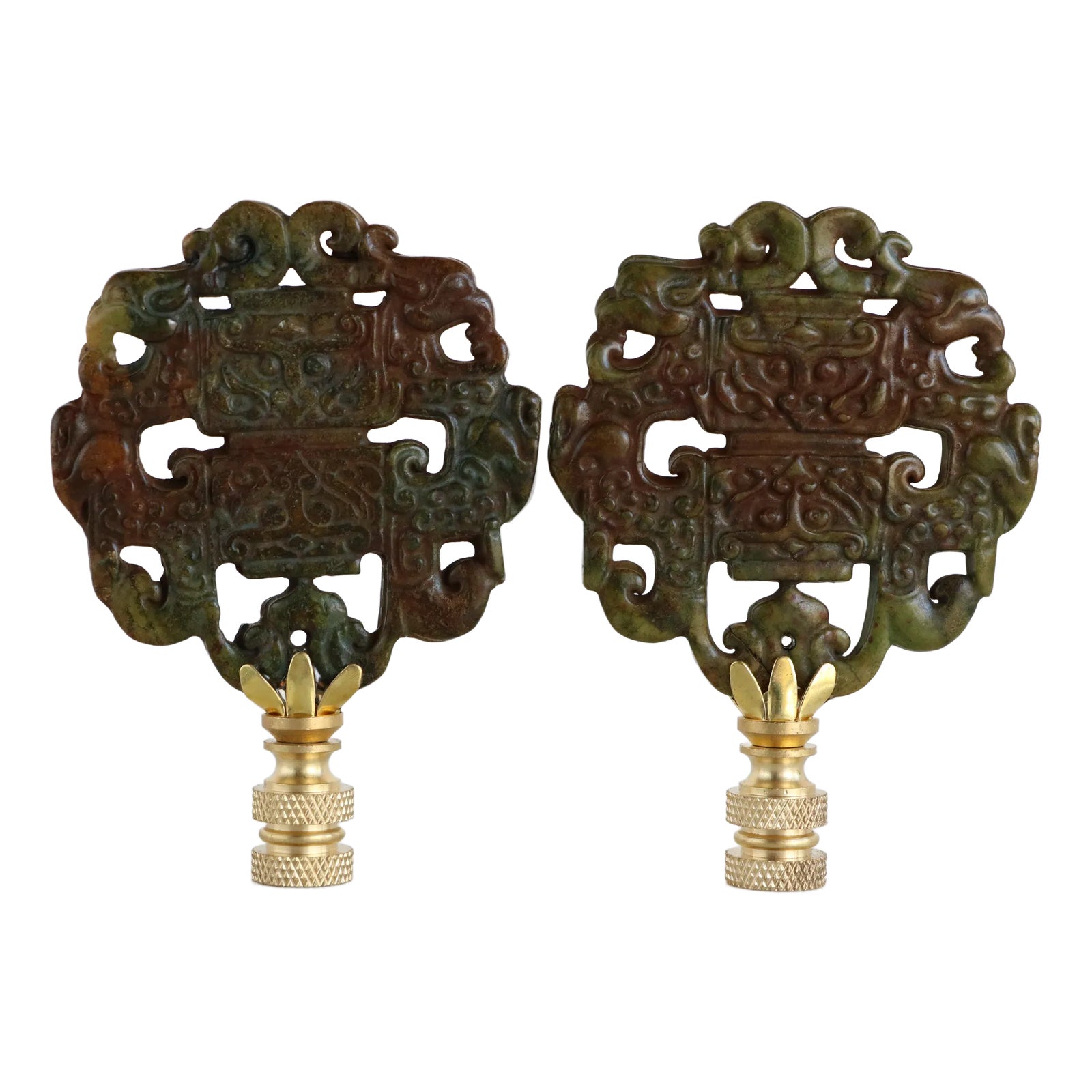 Chinese Archaic Style Lamp Finials on Brass Hardware - A Matching Pair ...
